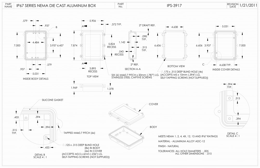IPS-3917 enclosure product drawing showing mechanical details and ratings