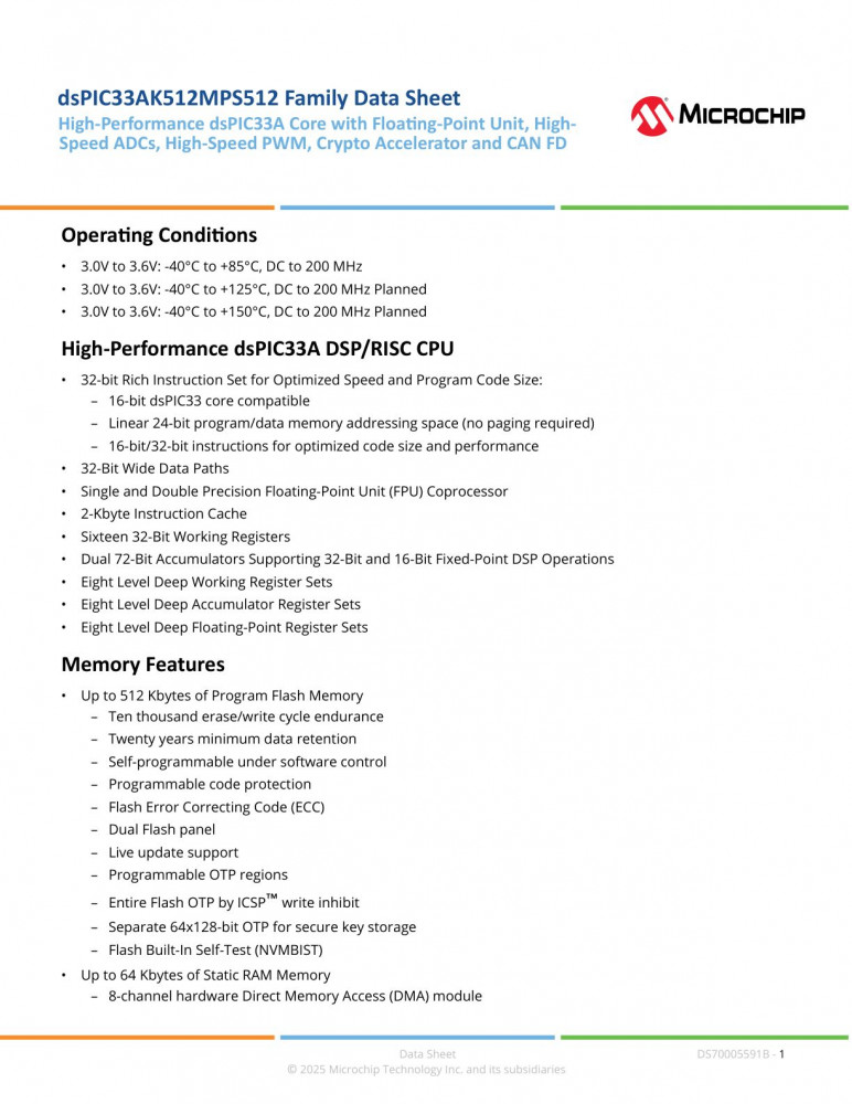 dsPIC33AK512MPS510 technical document page 1