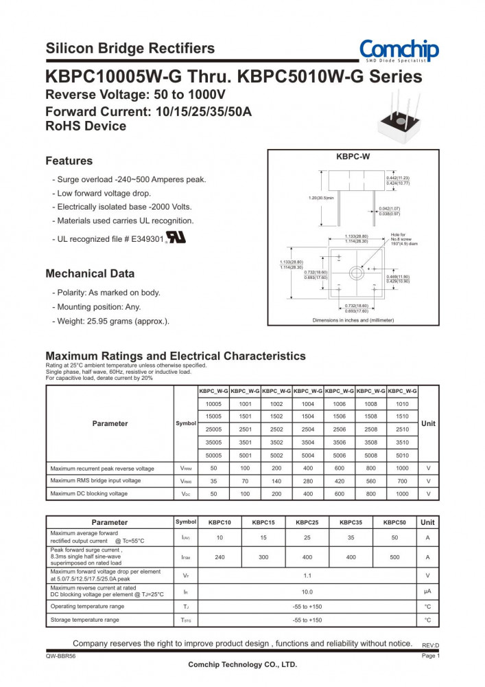 Comchip KBPC-W series datasheet page 1