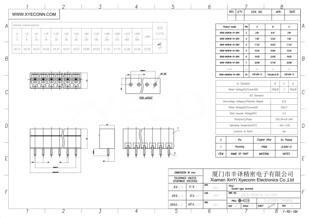 XYECONN XDCB-3A381M-10-3G61 technical drawing