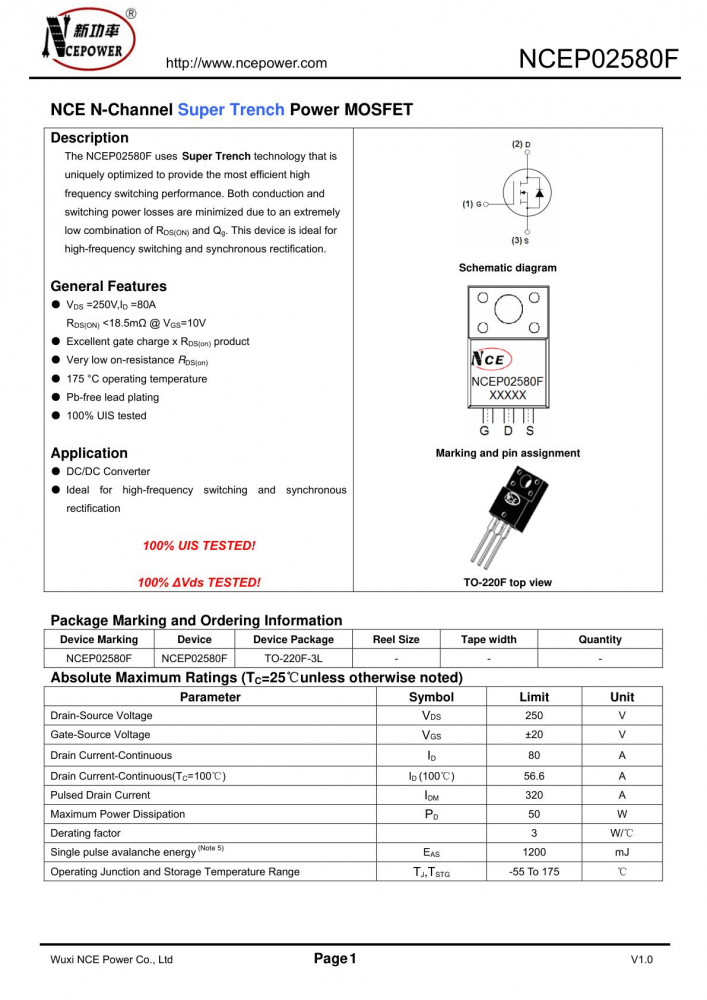 NCEP02580F datasheet page 1