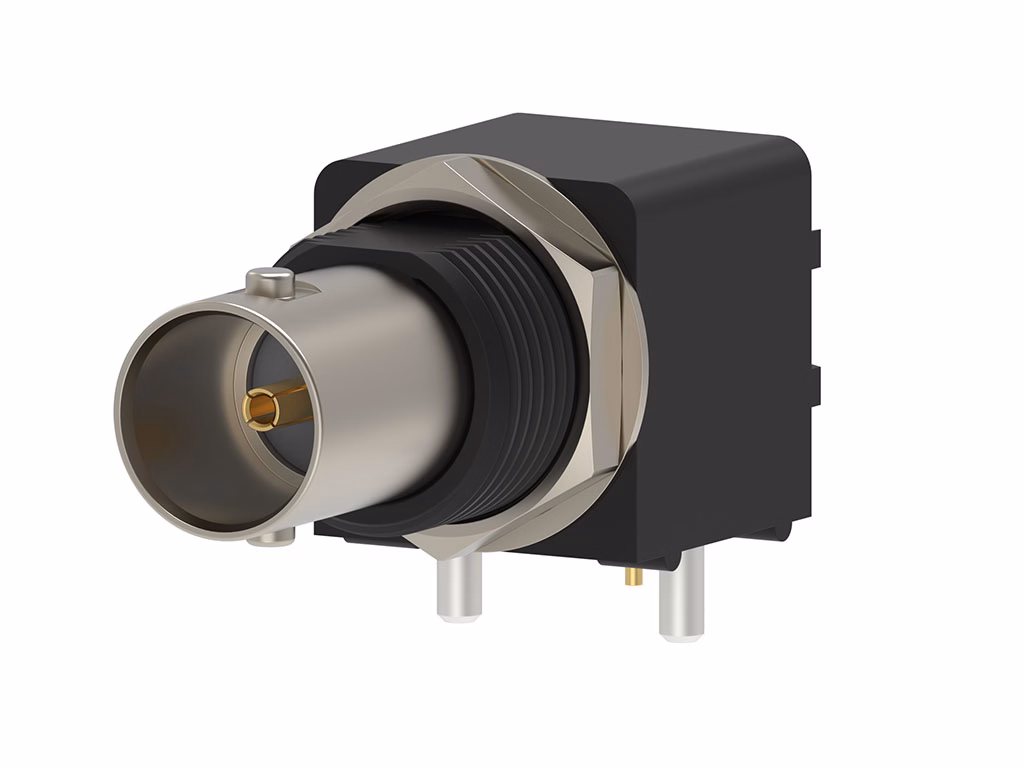 BNC Jack, Right-Angle, Bulkhead Receptacle, PCB, with Board Lock Legs, White PBT Housing, Housing Height 13.20mm, Nut and Lockwasher Included, Tray, 50 Ohms