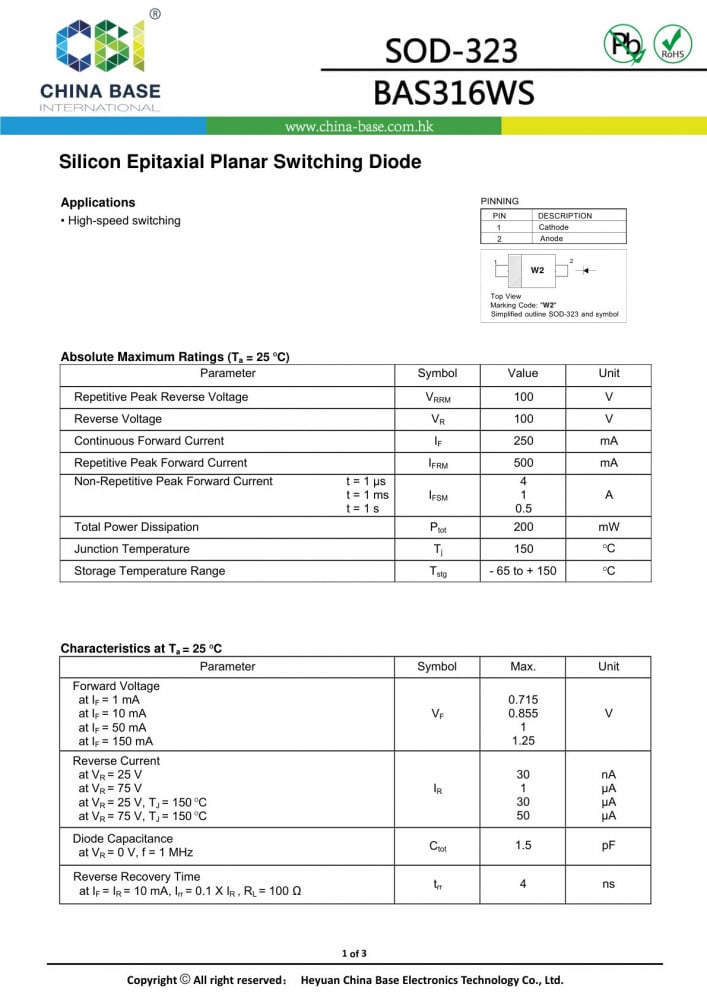 BAS316WS datasheet page 1