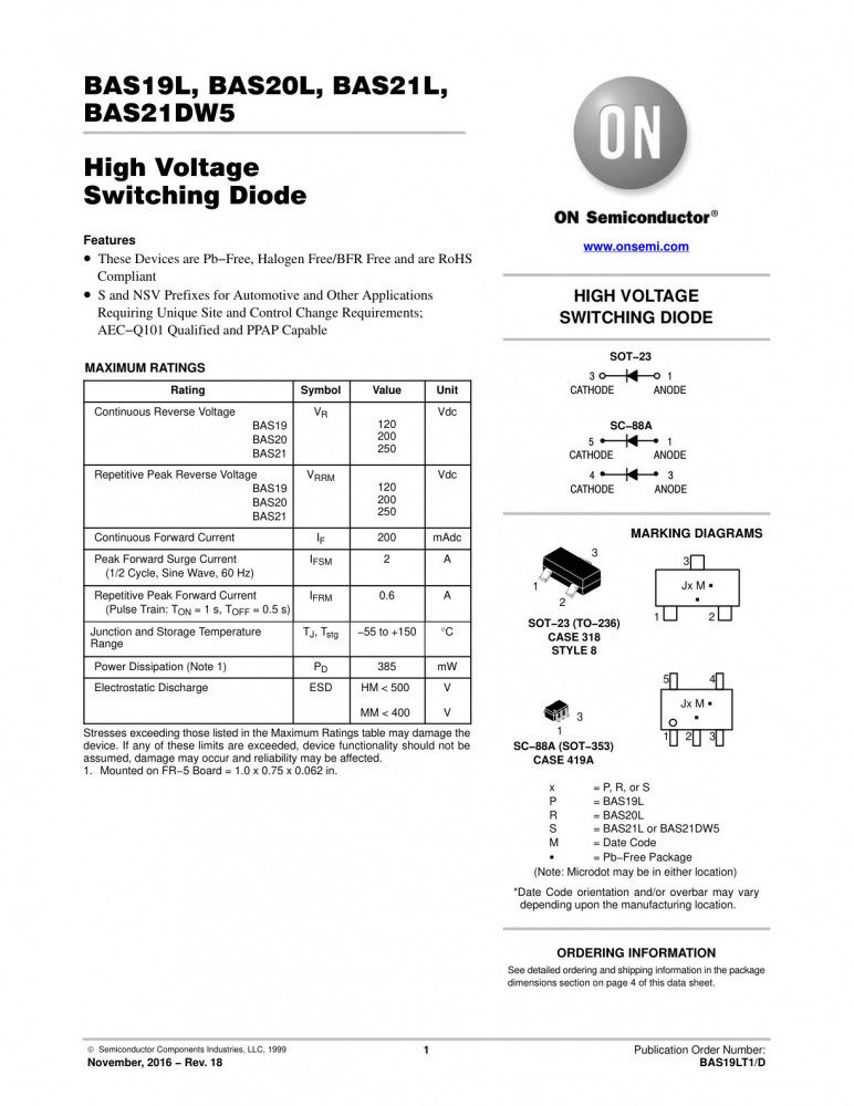 BAS20LT1G datasheet page 1
