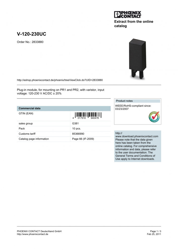 Phoenix Contact 2833880 V-120-230UC product document page 1