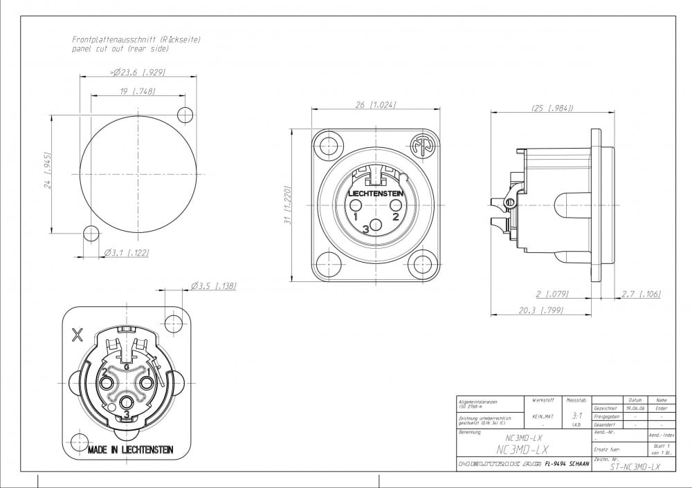 Neutrik NC3MD-LX technical drawing page