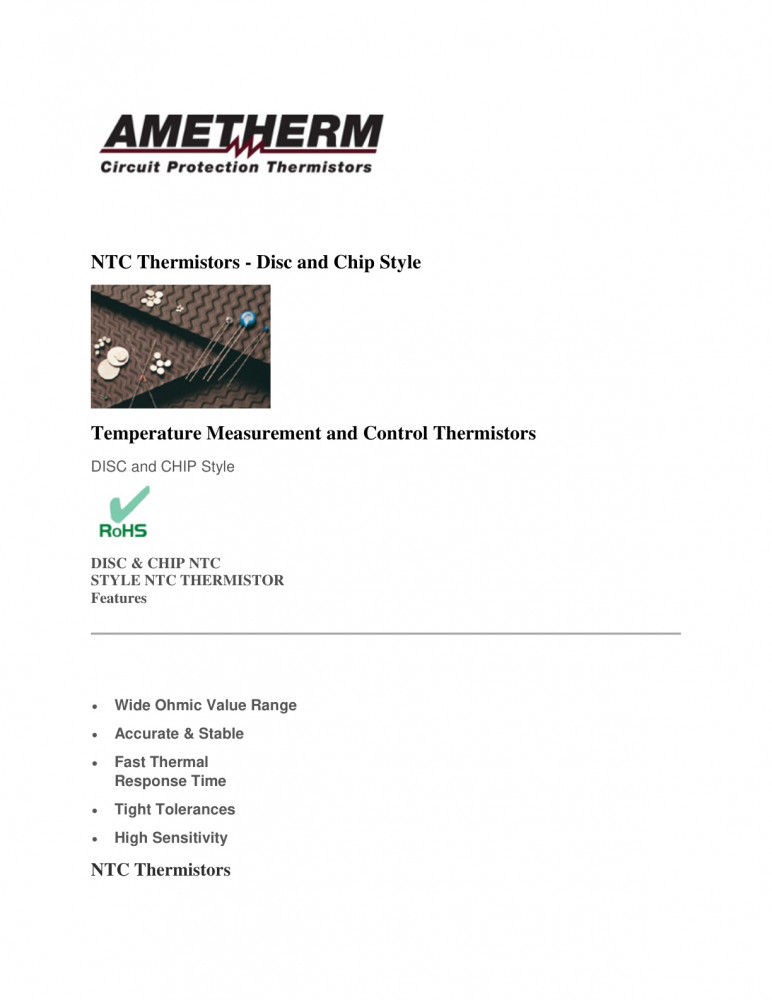 Ametherm NTC Disc and Chip Thermistors document page 1