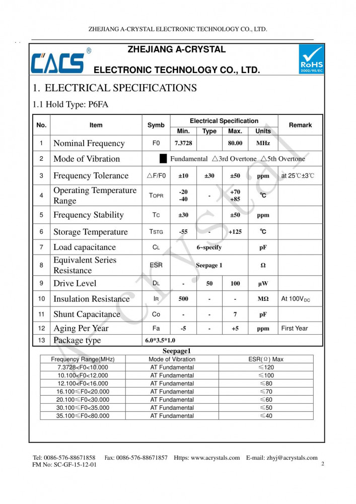 P6FA specification document page 2