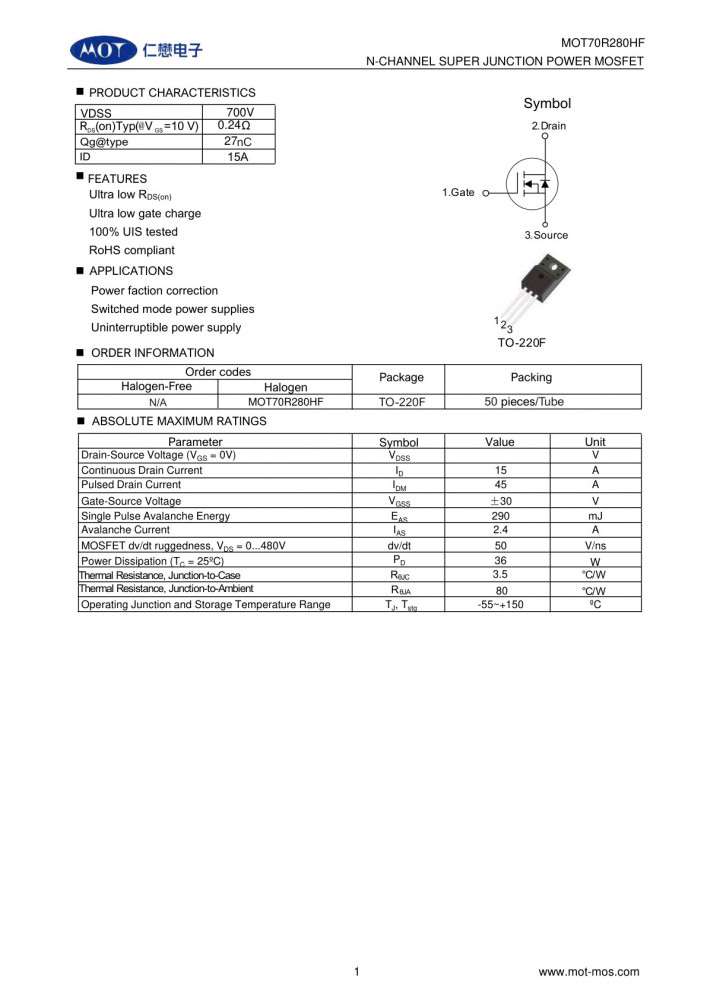 MOT70R280HF datasheet page 1