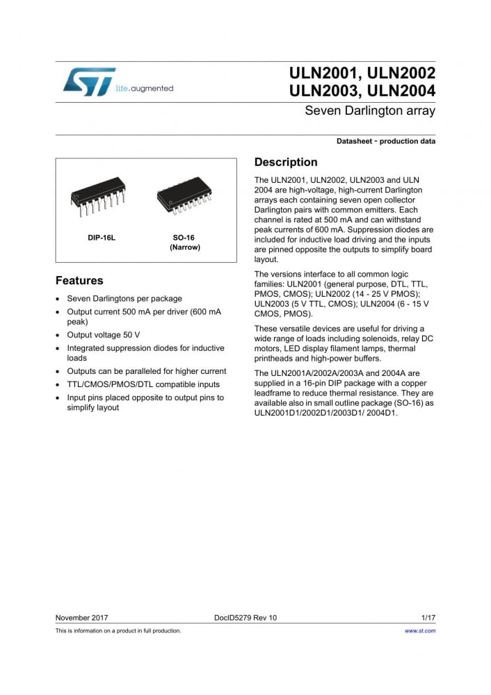 ULN2002D1013TR datasheet page 1