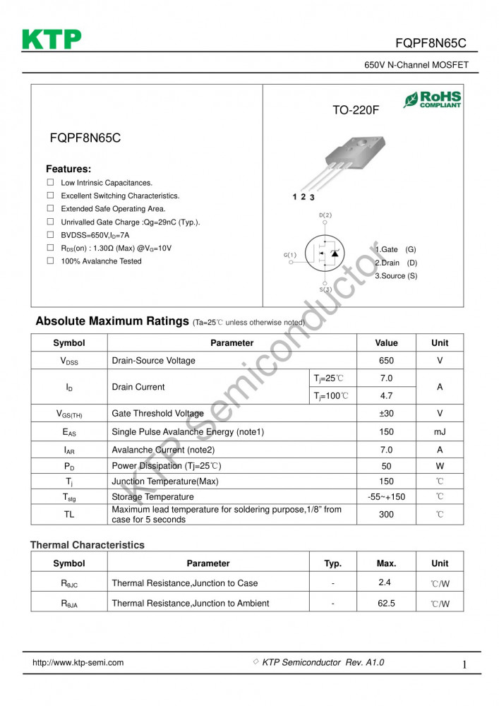 FQPF8N65C datasheet page 1