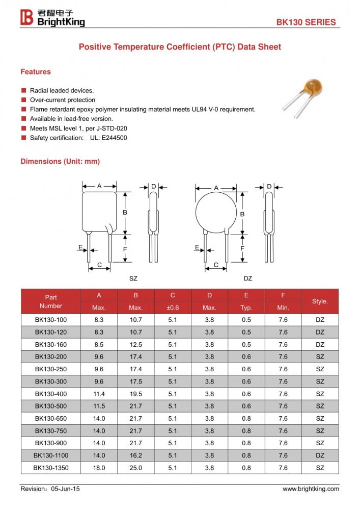 BK130 PTC datasheet page 1