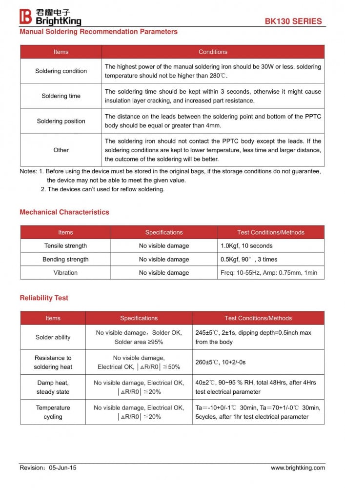 BK130 PTC datasheet page 4