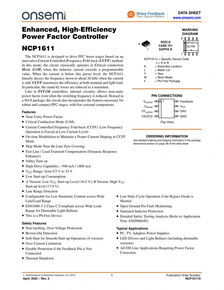 NCP1611 datasheet page 1