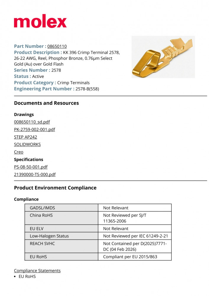 Molex KK 396 product specification page 1