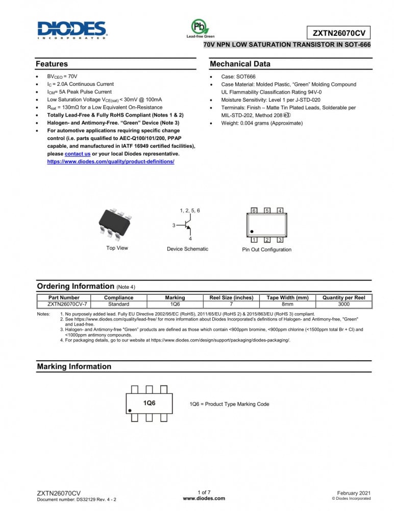 ZXTN26070CV-7 datasheet page 1