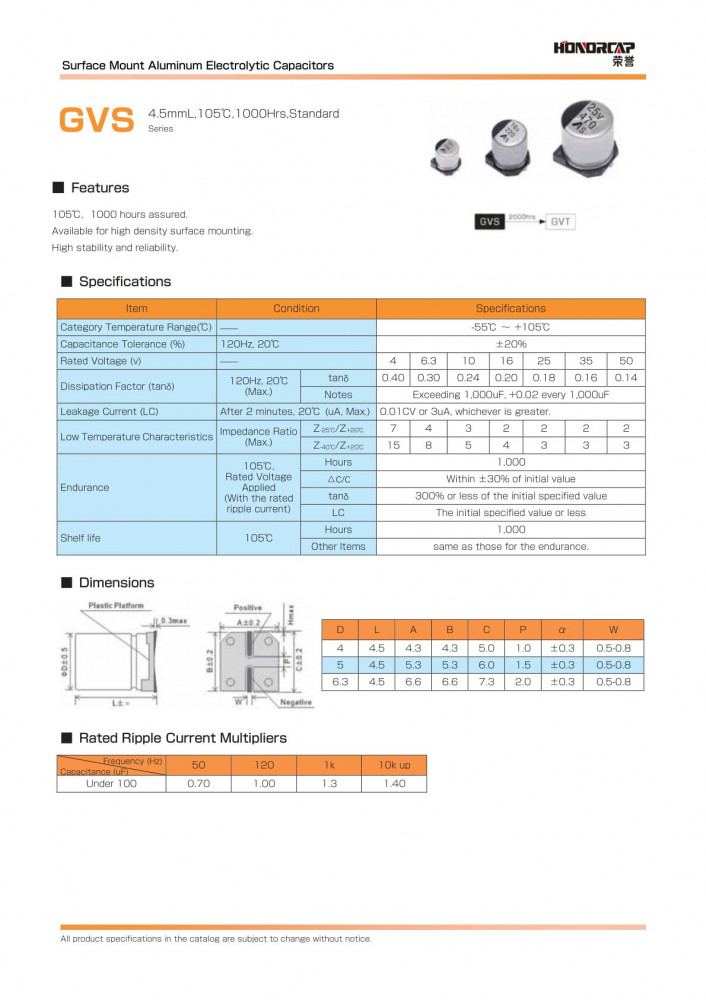 Honor Elec GVS series datasheet page 1