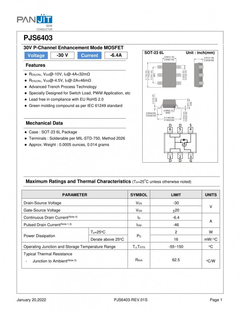 PJS6403 datasheet page 1