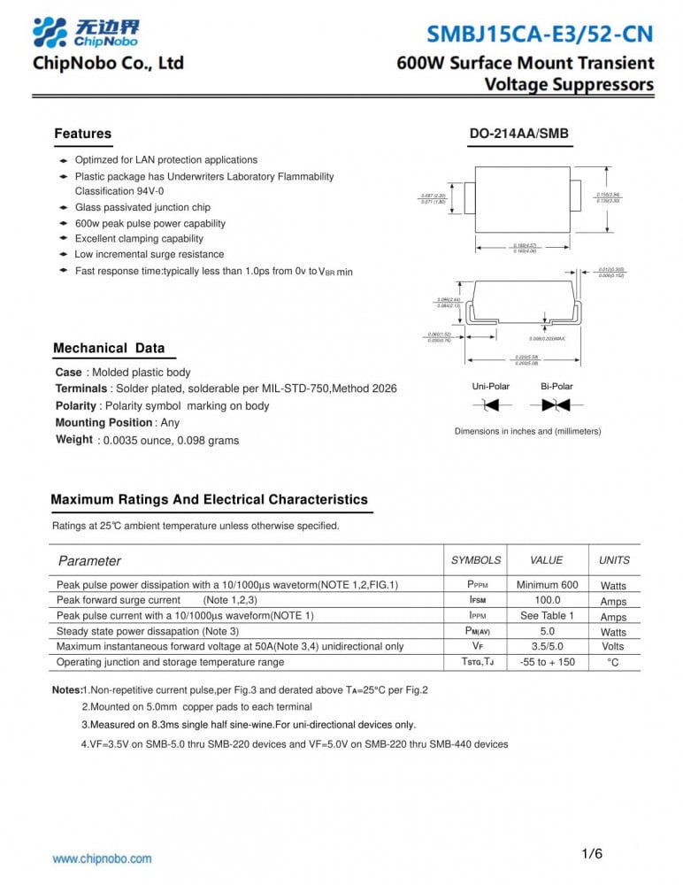 ChipNobo SMBJ15CA datasheet page 1
