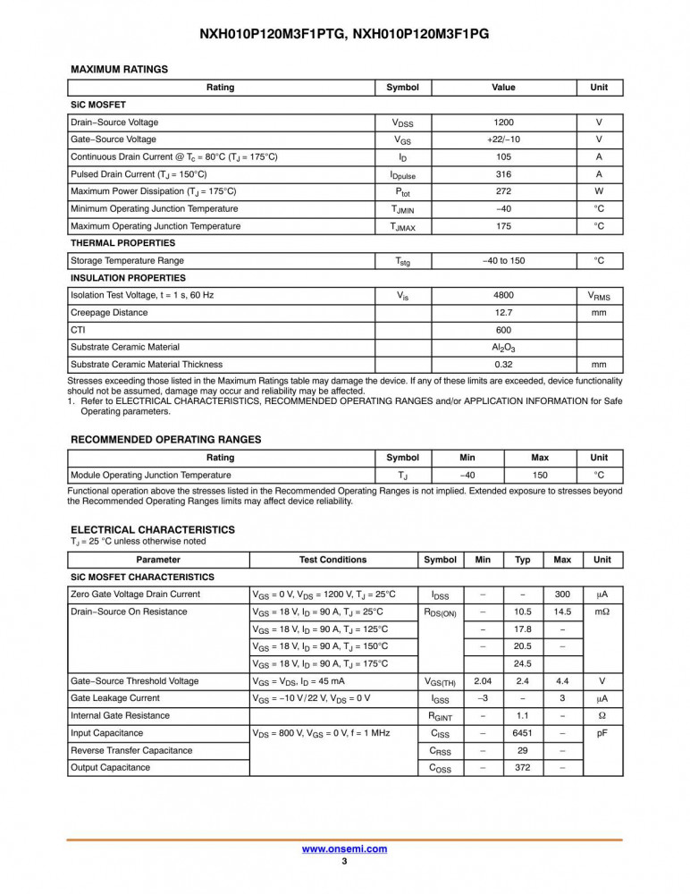NXH010P120M3F1PTG datasheet page 3