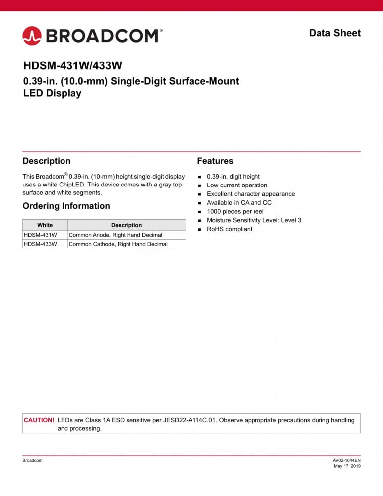 HDSM-431W datasheet page 1