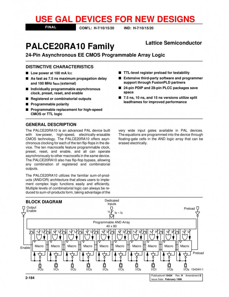 PALCE20RA10 datasheet page 1