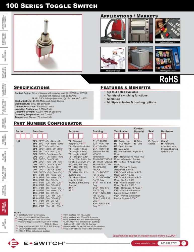 E-Switch 100 Series datasheet page 1
