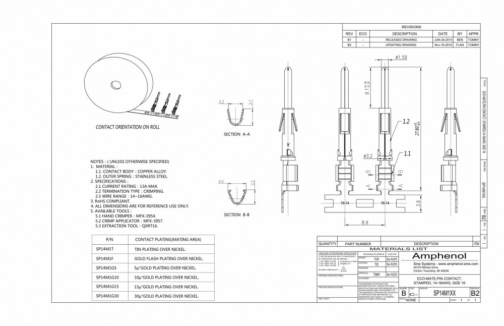 Amphenol SP14M1F technical drawing preview
