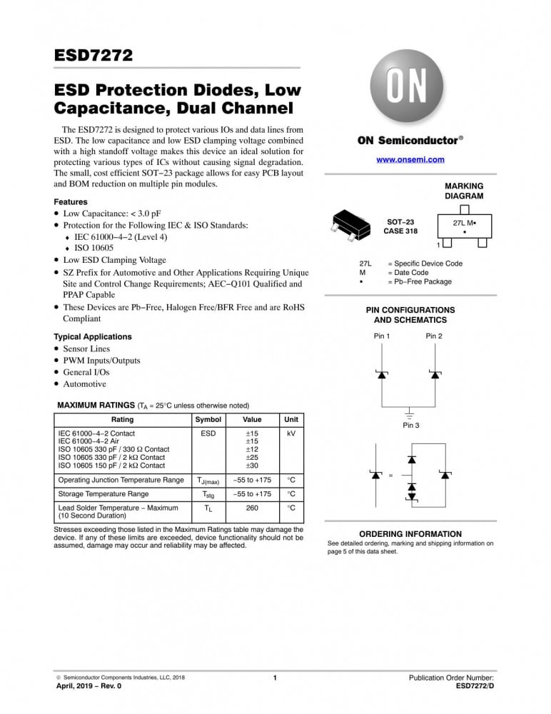 SZESD7272LT1G datasheet page 1