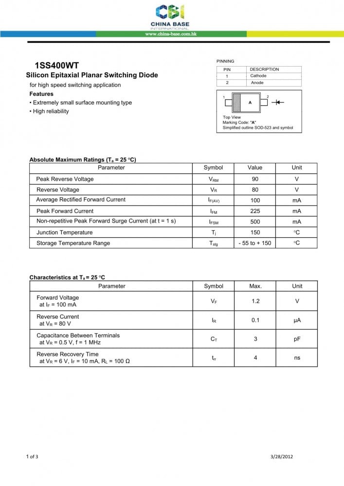 1SS400WT datasheet page 1