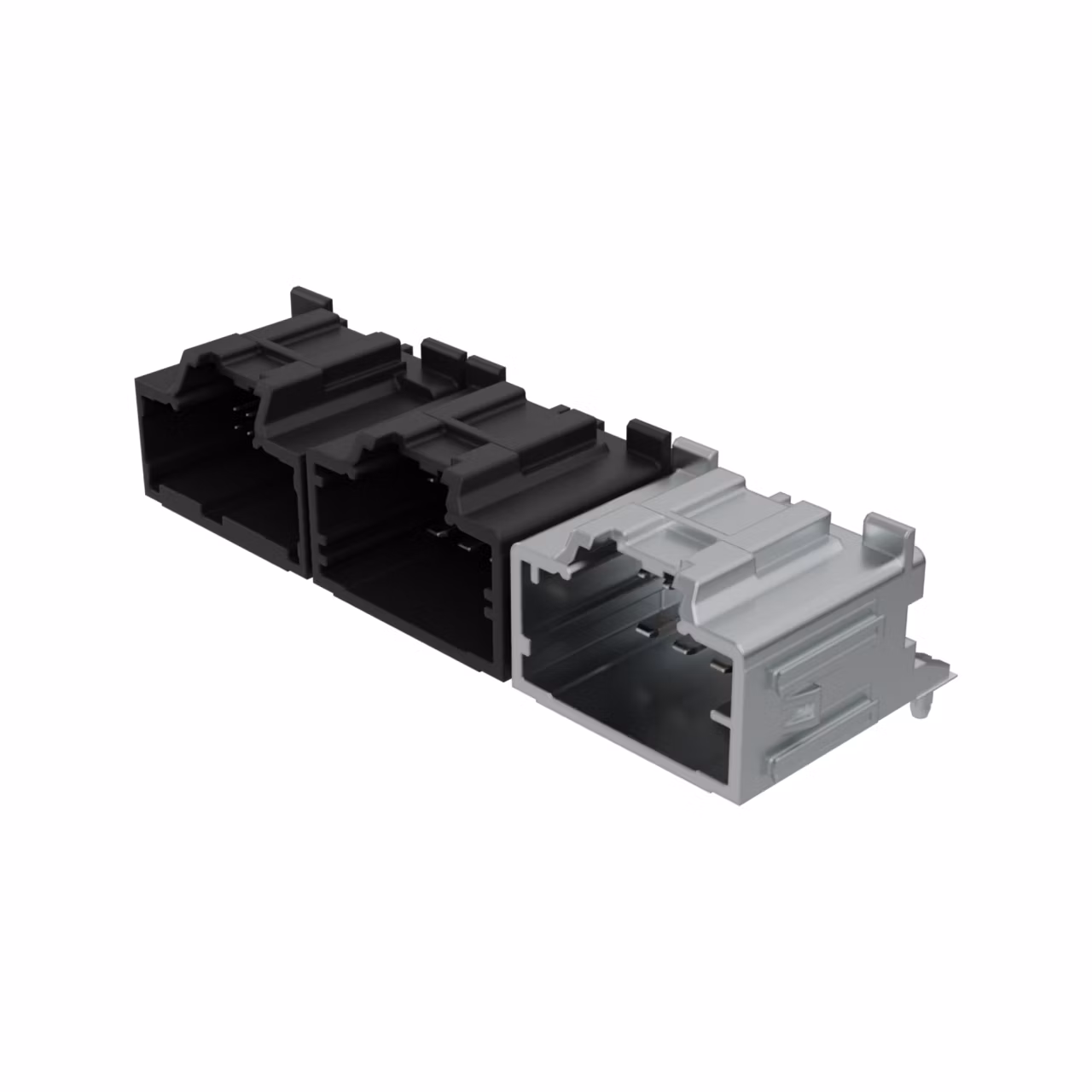 Stac64 3 Bay Right-Angle Headers, 40 Circuits, Bay A 20 Circuit Signal Header, Polarization A, Black; Bay B 10 Circuit Signal Header, Polarization A, Black; Bay C 10 Circuit Signal Header, Polarization B, Gray; Tray for sale