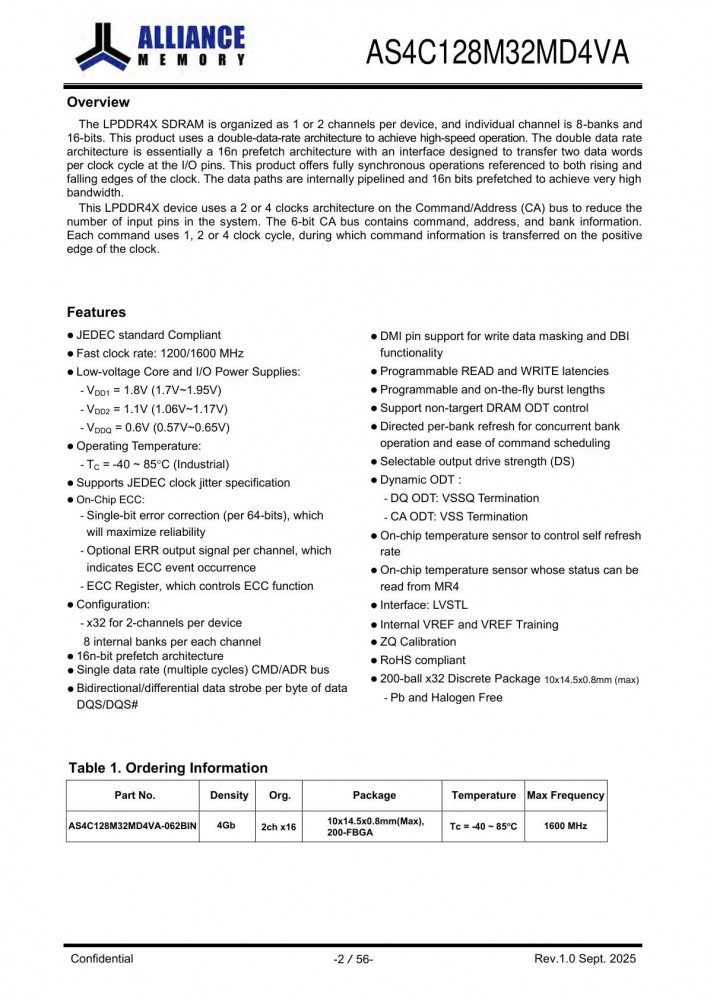 AS4C128M32MD4VA-062BIN datasheet page 2