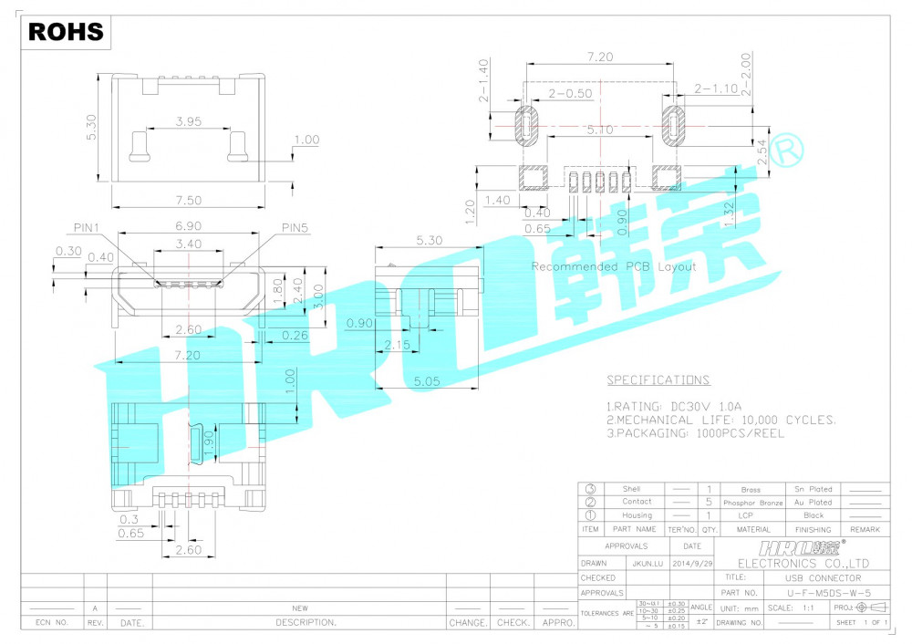 Korean Hroparts Elec U-F-M5DS-W-5 USB connector drawing
