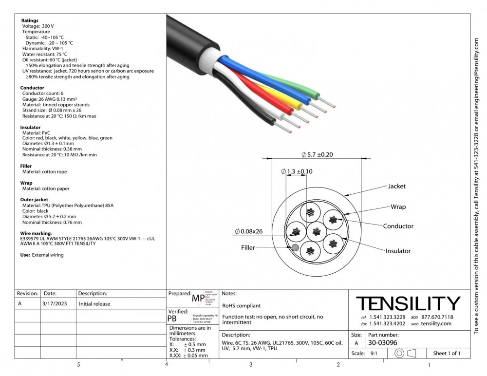 Tensility International 30-03096 cable product drawing