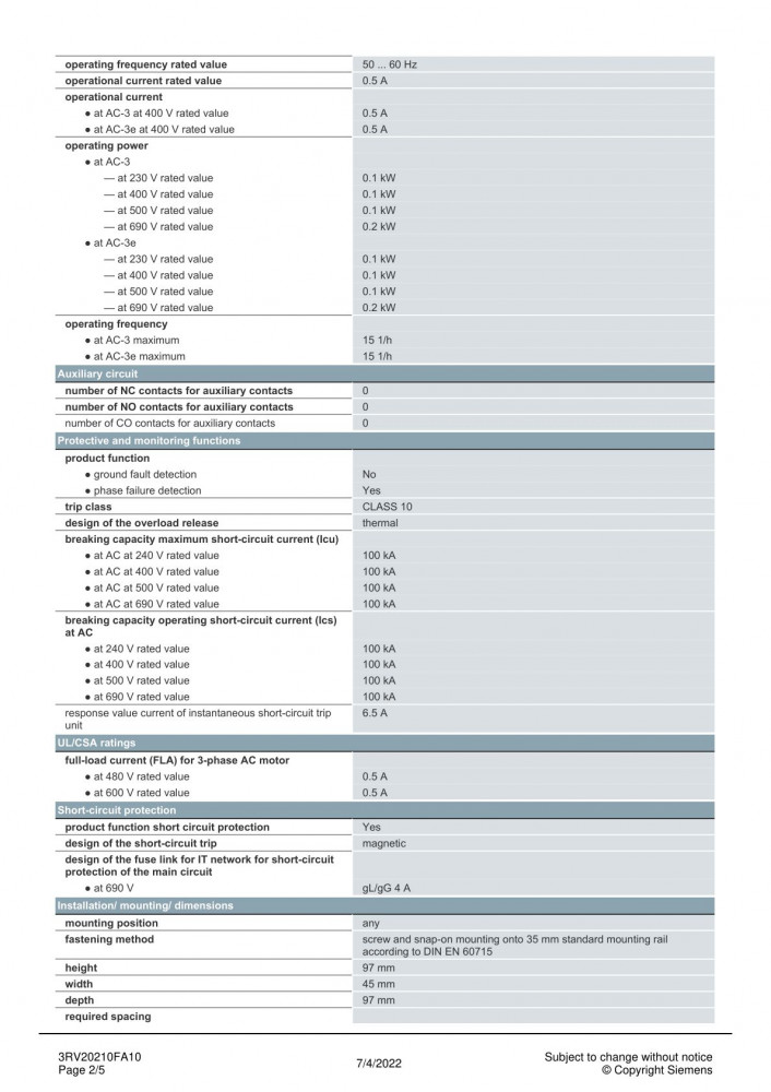 3RV20210FA10 datasheet page 2