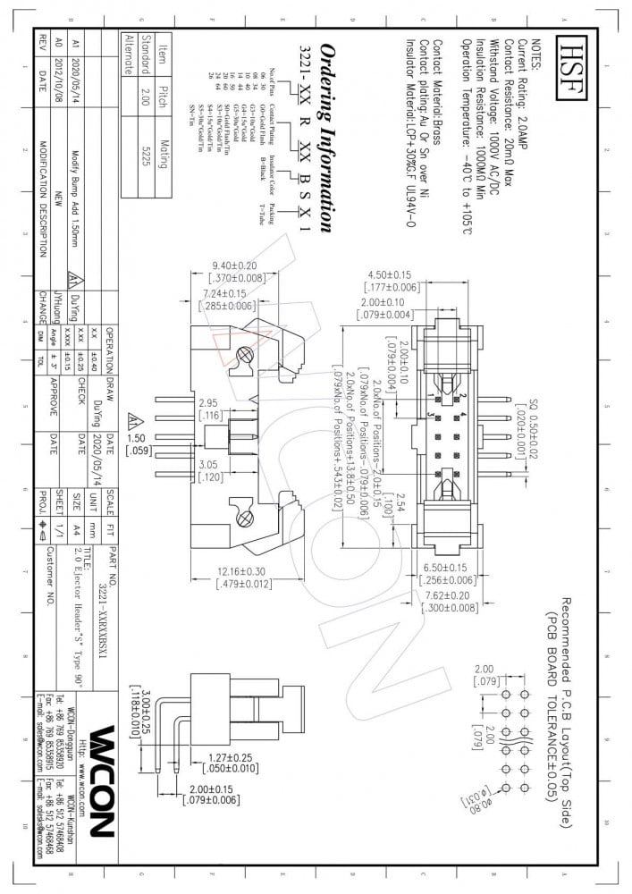 Wcon 3221-16RS0BST1 technical drawing and recommended PCB layout
