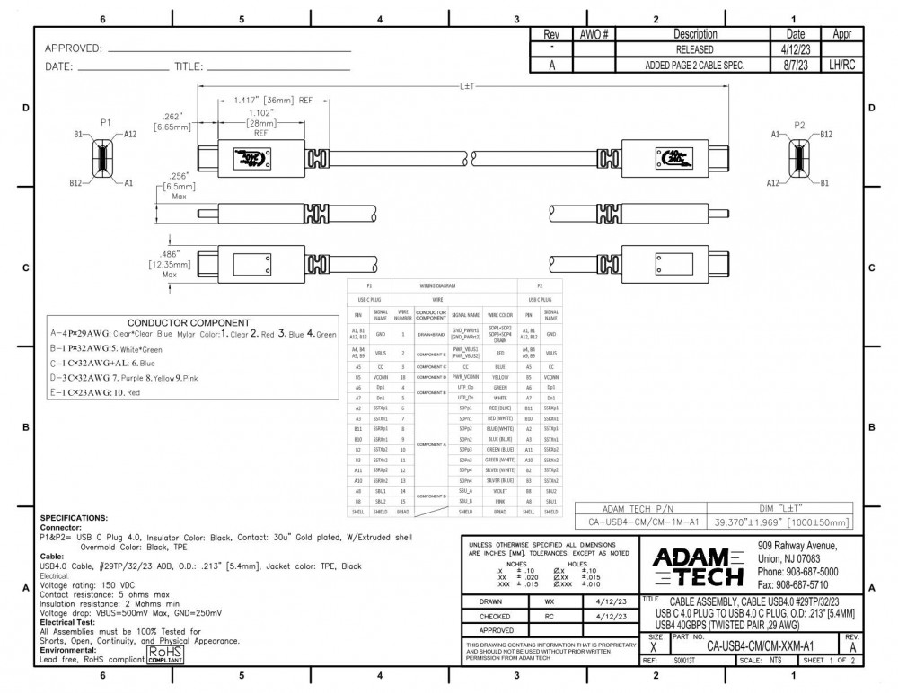 ADAM TECH USB4 cable assembly drawing page 1