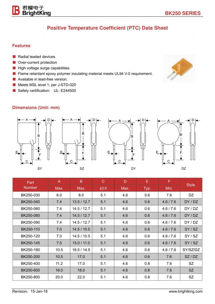 BK250 PTC datasheet page 1