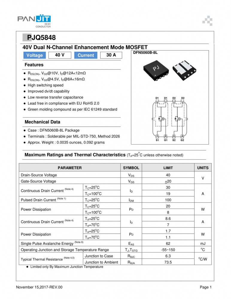 PJQ5848 datasheet page 1