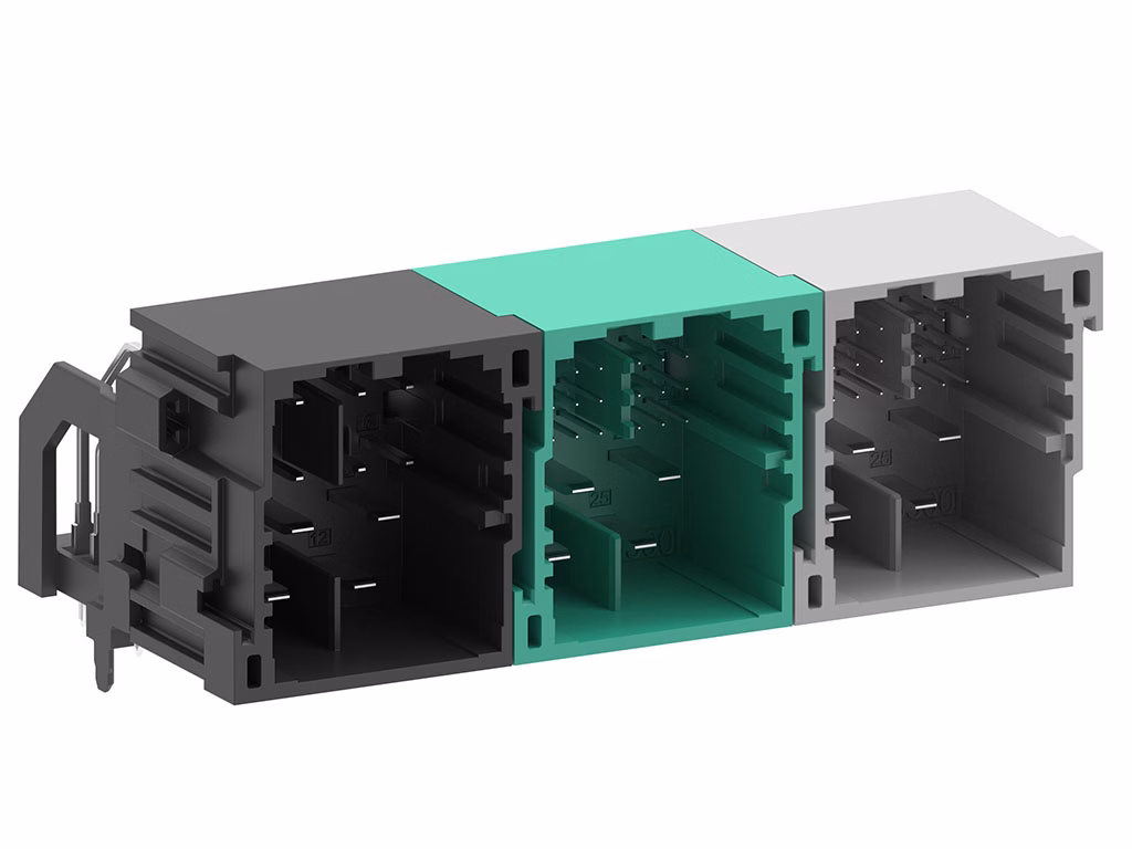 stAK50h 3 Bay Right-Angle Hybrid Header, 82 Circuits, Bay 1: 25 Circuits/Key 1/Green; Bay 2: 25 Circuits/Key 2/Gray; Bay 3: 32 Circuits/Key 1/Black; Tray