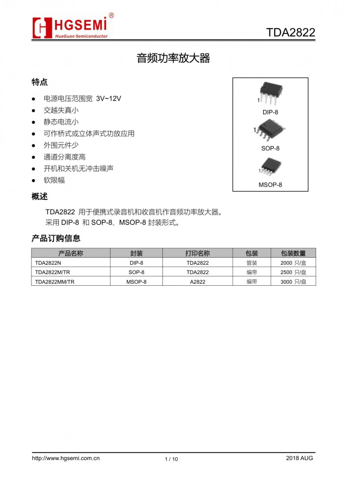 HGSEMI TDA2822N datasheet page 1