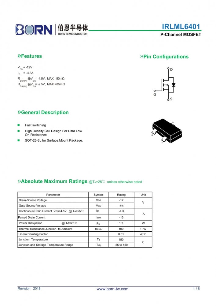 IRLML6401 datasheet page 1