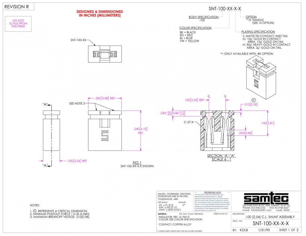 Samtec SNT-100-RD-H technical drawing page 1