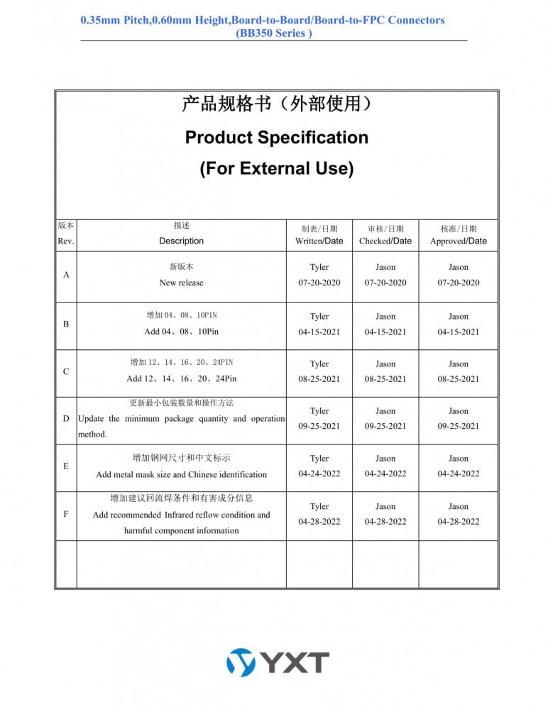 YXT BB350 specification page 1
