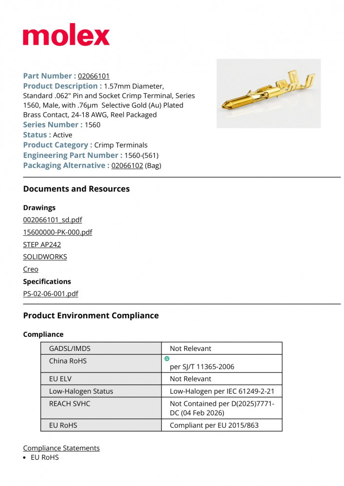 MOLEX .062 miniature pin terminal specification, page 1