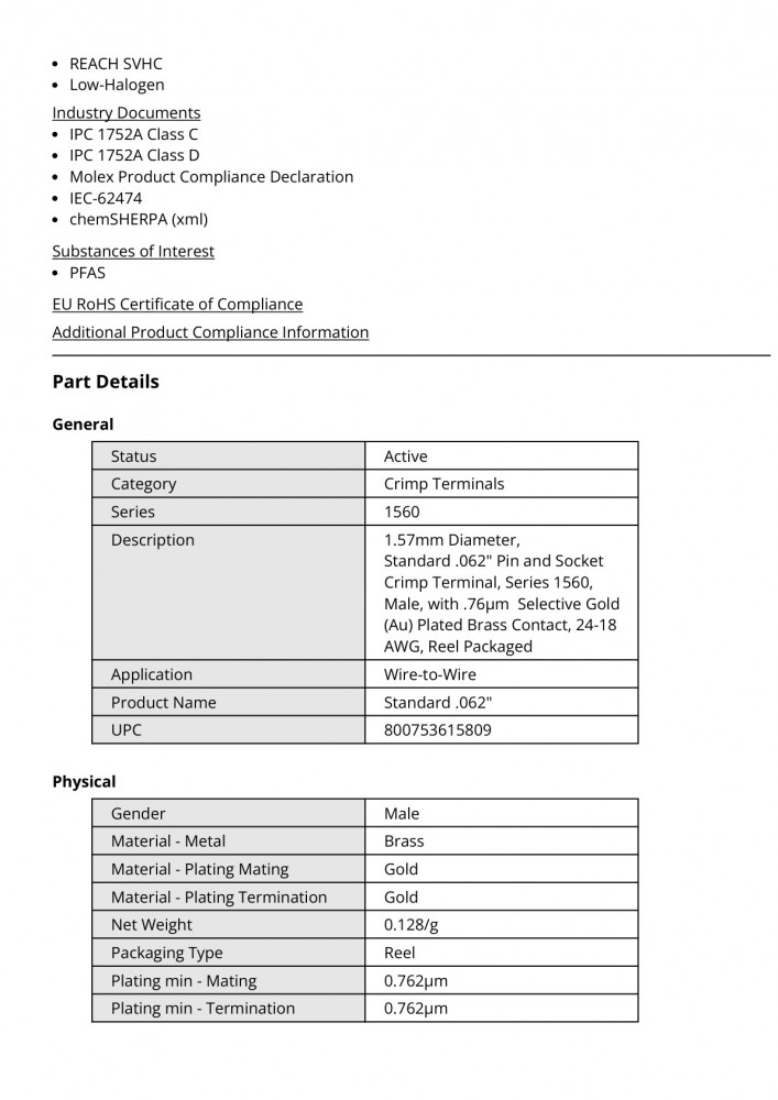 MOLEX .062 miniature pin terminal specification, page 2