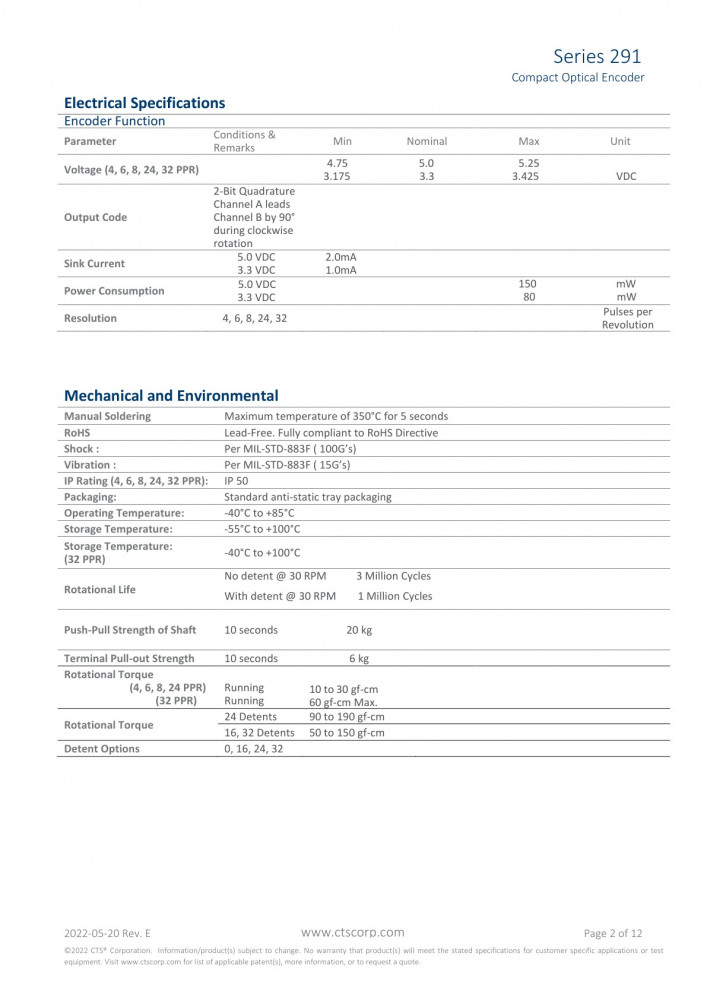 291 Series datasheet page 2