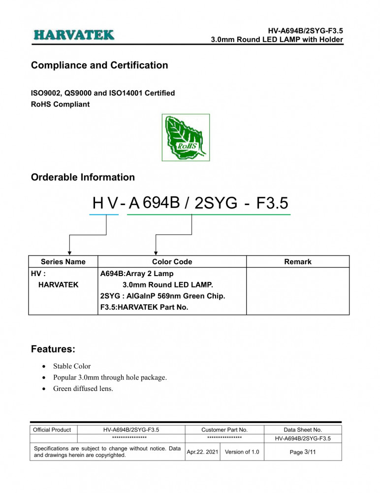 HV-A694B/2SYG-F3.5 datasheet page 3