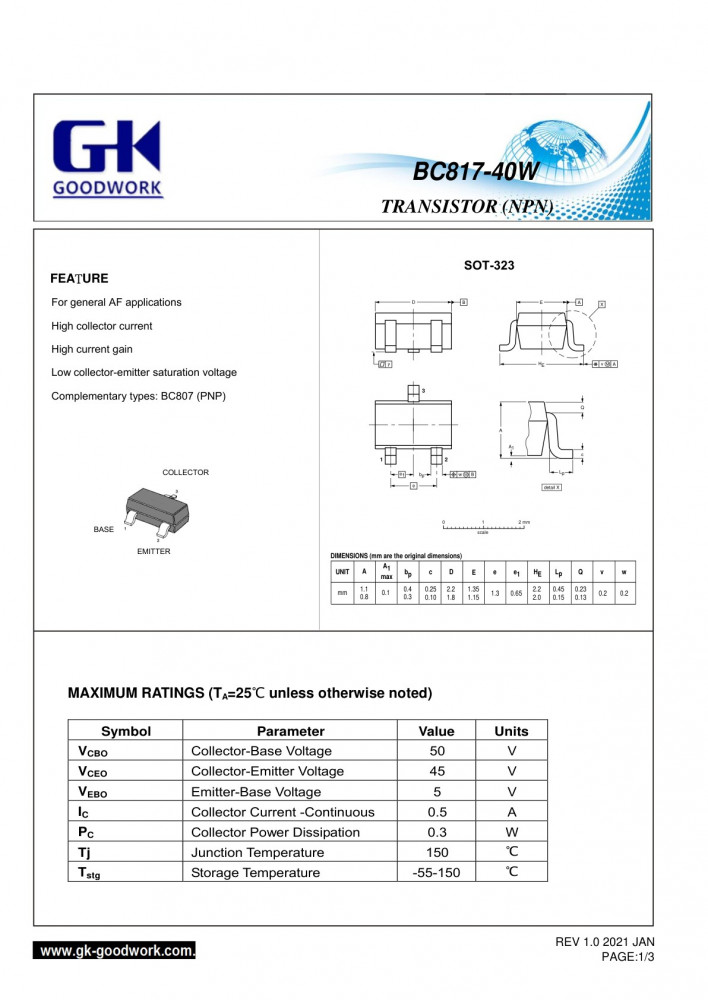 BC817-40W technical document page 1