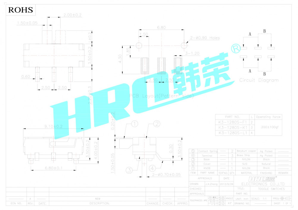 K3-1280S-L1 toggle switch technical drawing